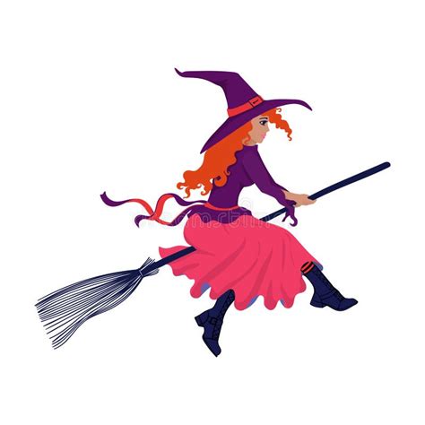 Witch On A Broom Cartoon Isolated Illustration The Red Haired Witch
