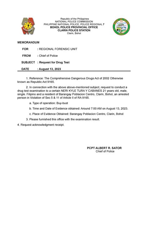 Request For Drug Test D Vx Xv Republic Of The Philippines National Police Commission