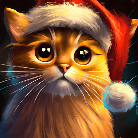 Cute Adorable Christmas Cat Big Eyes Cartoon Wearing Santa Hat