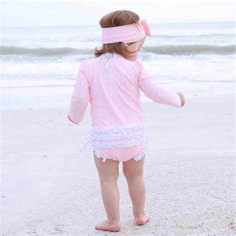 Long Sleeve Rash Guard With Ruffle Bottom Seersucker Pink Caden Lane