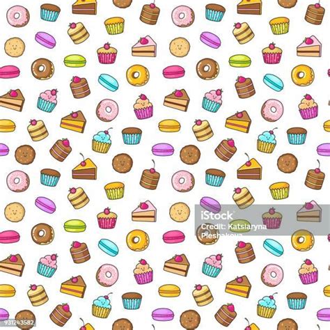 可愛無縫 Backgroundon 甜和甜點塗鴉 蛋糕 甜 Donat 餅乾和 Macaron 的白色背景向量圖形及更多冬甩圖片 Istock