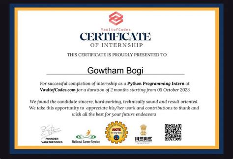 Gowtham Bogi On Linkedin Vaultofcodes Pythonprogramming Intership Aicte