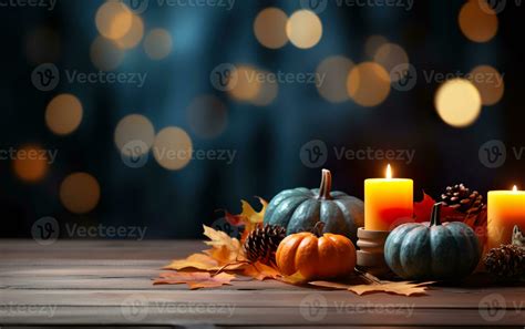 Autumn Pumpkin With Candles Maple Leaves And Pine Cones On Dark Bokeh