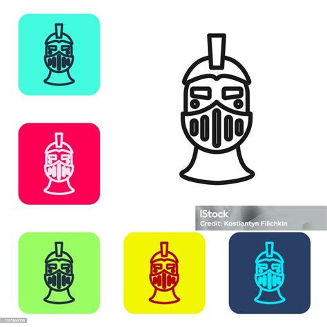 黑線中世紀鐵頭盔頭部保護圖標隔離在白色背景在顏色方形按鈕中設置圖示向量向量圖形及更多中古時代圖片 中古時代 人 人的臉部 Istock