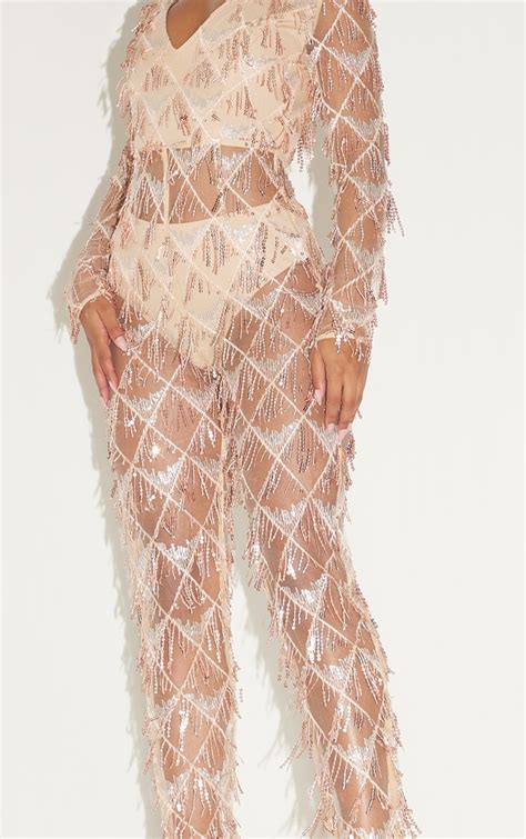 Rose Gold Tassel Sequin Plunge Jumpsuit Jumpsuits And Playsuits