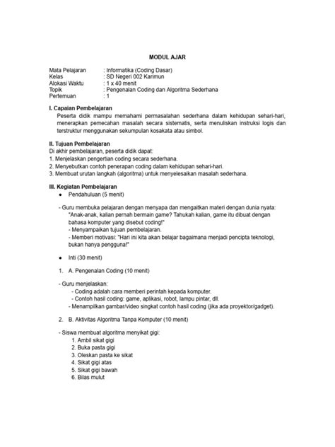 Modul Ajar Coding Pertemuan 1 Kelas 6 Pdf