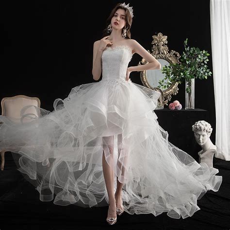 【現貨速發】前短後長小拖尾婚紗 新娘旅拍自助婚紗照禮服 成人禮蛋糕小短裙 尾牙春酒甜美抹胸蕾絲禮服 新娘登記寫真蛋糕裙 蝦皮購物