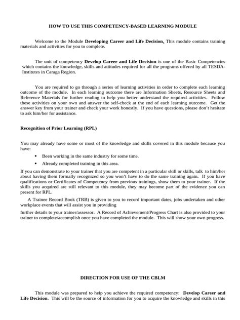 Cblm Develop Career And Life Decision Pdf Swot Analysis Learning