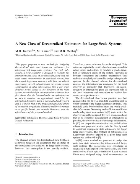 Pdf A New Class Of Decentralized Estimators For Large Scale Systems