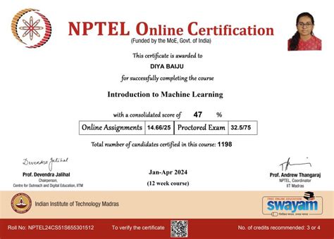 finished introduction to machine learning course by nptel diya