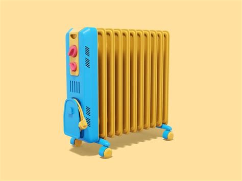 Aquecedor de óleo elétrico multicolorido de renderização d em fundo amarelo Foto Premium
