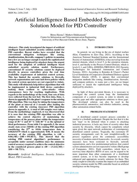Artificial Intelligence Based Embedded Security Solution Model For Pid Controller Pdf