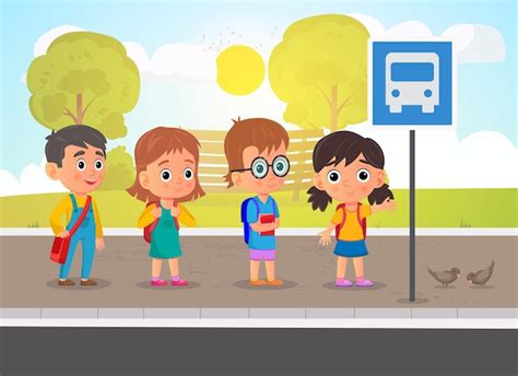 Una Ilustración Vectorial De Escolares Con útiles Escolares Esperando