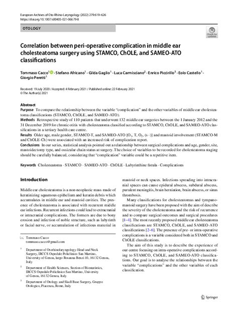 Pdf Correlation Between Peri Operative Complication In Middle Ear Cholesteatoma Surgery Using