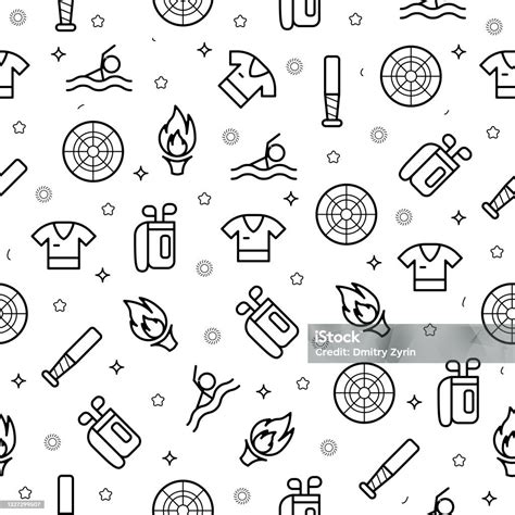 골프 클럽 스케치 벡터 디자인 스타일 배경 건강한 라이프 스타일 피트니스 일러스트 아이콘을위한 원활한 Pattern 낙서 그린 컬렉션 스포츠 화재 야구 배트 셔츠 수영 가방