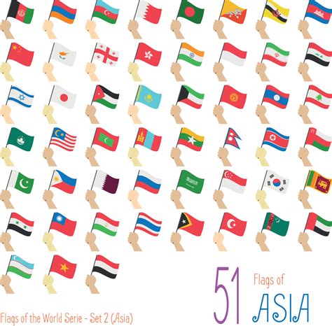 Set Of 51 Flags Of Asia Hand Raising The National Flags Of 51