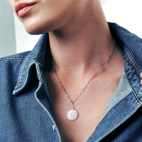 Engraved Compass Necklace 14k White Gold Oak And Luna