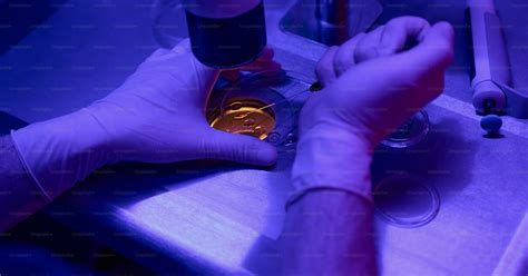 세포 배양 접시에서 배아에 생검을 하는 남성 노동의 손은 미래의 아이들의 이상을 배제하기 위해 현미경으로 보고 있습니다 사진 Unsplash의 성인 이미지