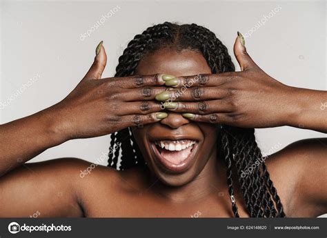 Shirtless Black Woman Laughing Covering Her Eyes Isolated White