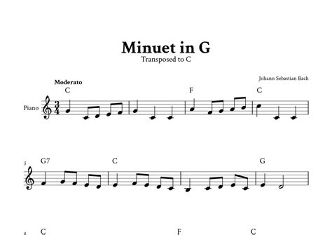 Minuet In G Easy Piano In C Arr Yuri Noronha Sheet Music Johann