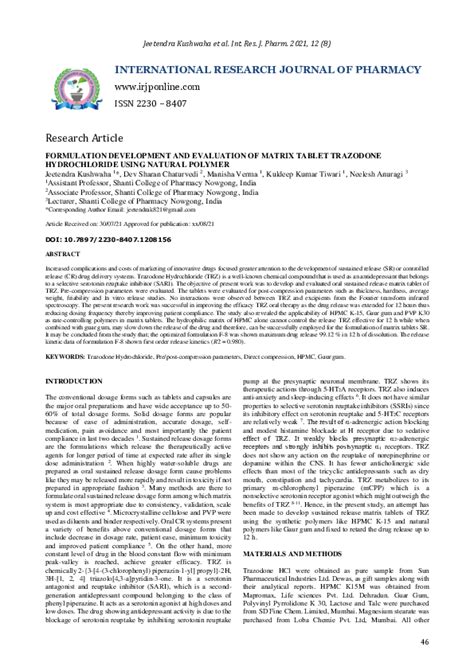 Pdf Formulation Development And Evaluation Of Matrix Tablet Trazodone Hydrochloride Using