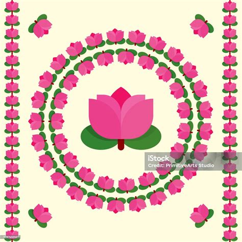 인도의 국립 꽃 신성한 연꽃 물 백합 일명 Nelumbo Nucifera 인도의 이집트 콩 힌두교 사원에 모티프처럼 평평한 재료 색상과 형태와 원형 만다라 스타일로 배열