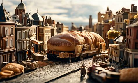 Gigantic Loaf Of Bread Transported Through A Miniature City Street Stock Image Image Of Scene