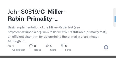 GitHub JohnS0819 C Miller Rabin Primality Implementation Basic