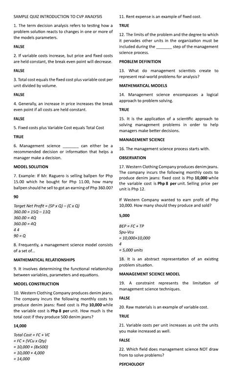 CVP Analysis SAMPLE QUIZ INTRODUCTION TO CVP ANALYSIS The Term Decision Analysis