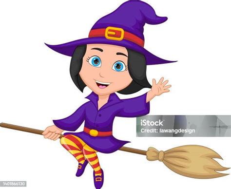 Kartun Penyihir Gadis Terbang Di Atas Sapunya Ilustrasi Stok Unduh