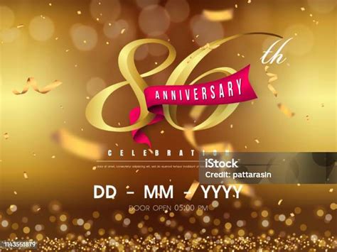 골드 배경에 86 년 기념일 로고 템플릿 86 빨간 리본 벡터와 색종이 고립 된 디자인 요소와 황금 숫자를 축 하 0명에 대한 스톡 벡터 아트 및 기타 이미지 Istock