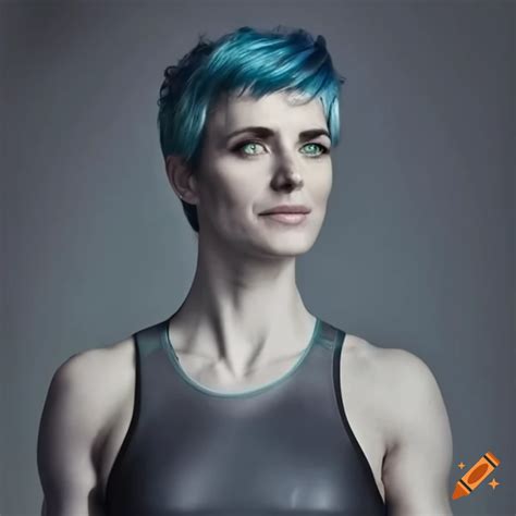 Cosplay Of A Futuristic Woman With Blue Hair And Green Eyes On Craiyon