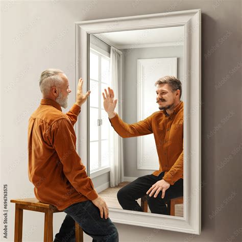 Senior Smiling Man Looking In Mirror On Reflection Of His Younger Self