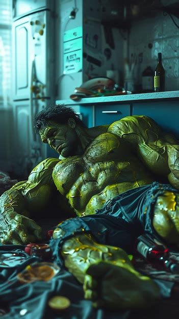 The Hulk In His Bed With His Hands On His Chest Premium Ai Generated