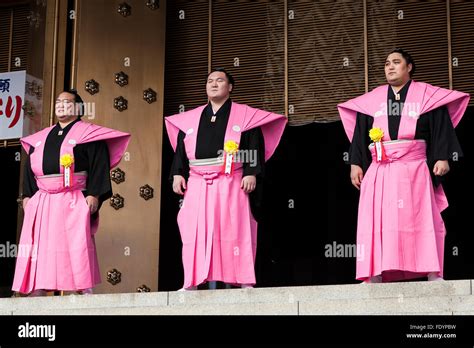 Sumo Wrestlers Ozeki Kisenosato Yokozuna Hakuho Sho And Okinoumi Ayumi