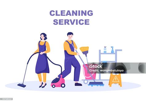 청소 서비스 평면 디자인 일러스트 사람들은 진공 청소기 배경 배너 또는 포스터에 대한 집에서 먼지와 청소 바닥을 닦아 가사 집안일에 대한 스톡 벡터 아트 및 기타 이미지