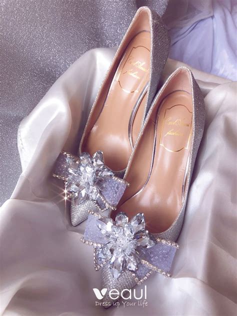 Sparkly Silver Glitter Wedding Shoes 2020 Leather Rhinestone Sequins