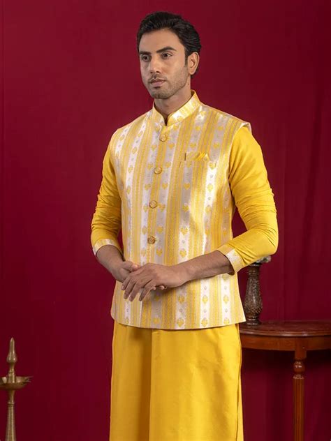 Yellow Zari Worked Cotton Silk Waistcoat Set G3 Mwcs376 United