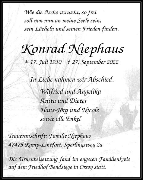 Traueranzeigen Von Konrad Niephaus Trauer In Nrwde