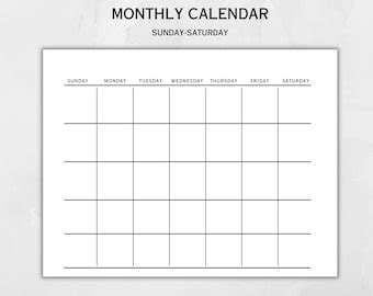 Blank Monthly Calendar Page Printable Empty Calendar Page Etsy