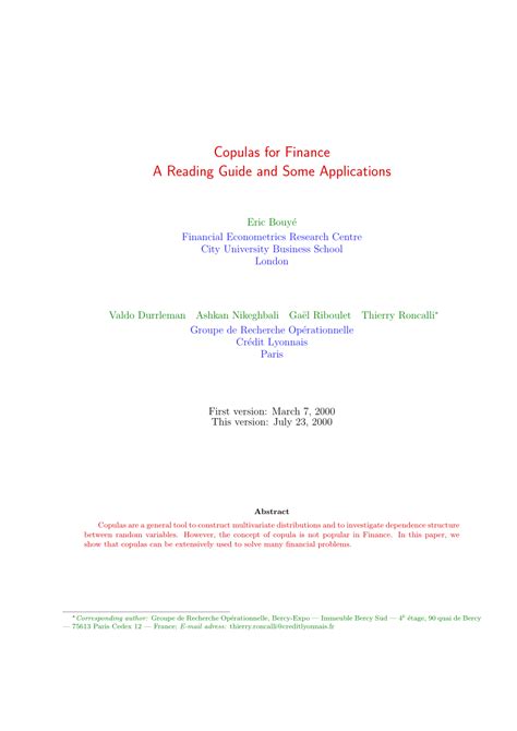 Pdf Copulas For Finance