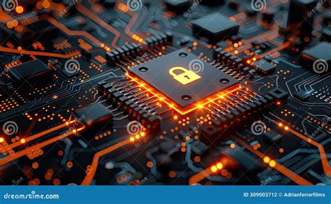a glowing cybersecurity lock on a circuit board royalty free stock