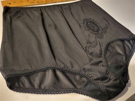 Vtg Black Brief Nylon With Embroidered Scroll With Cut Out Lace Front