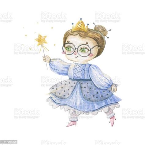 귀여운 아기 요정 파란색 공 가운을 입은 공주 헤어스타일 왕관과 별 모양의 마술 지팡이 디자인 및 인쇄를 위한 수채화 그림 이빨