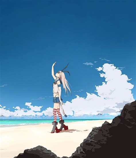 Safebooru 1girl Anchor Hair Ornament Arm At Side Arm Up Bare Arms Bare Shoulders Beach Black