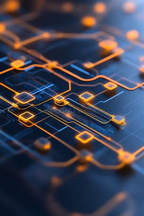 Close Up Of A Futuristic Microchip Network With Glowing Orange Circuits