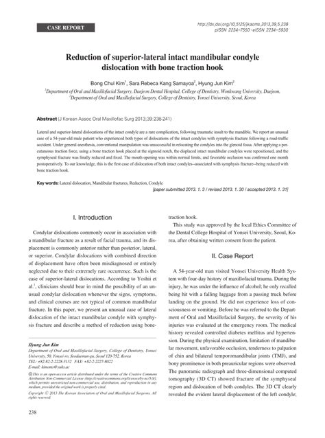 Pdf Reduction Of Superior Lateral Intact Mandibular Condyle Dislocation With Bone Traction Hook