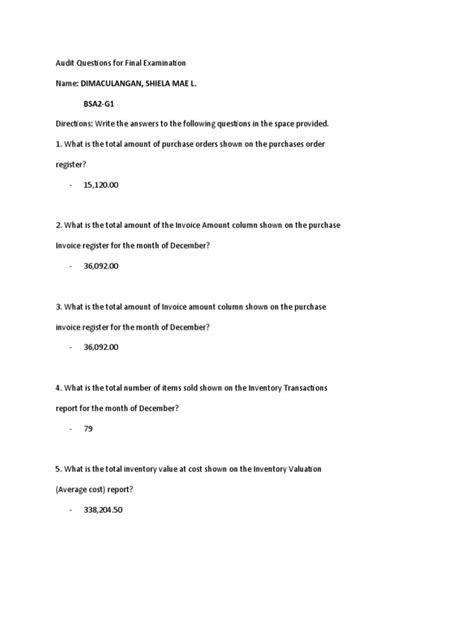 Audit Questions And Answers For Final Examination On Company Financial Records Pdf Debits