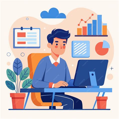 Man Analyzing Data On Computer At Desk Premium Ai Generated Vector