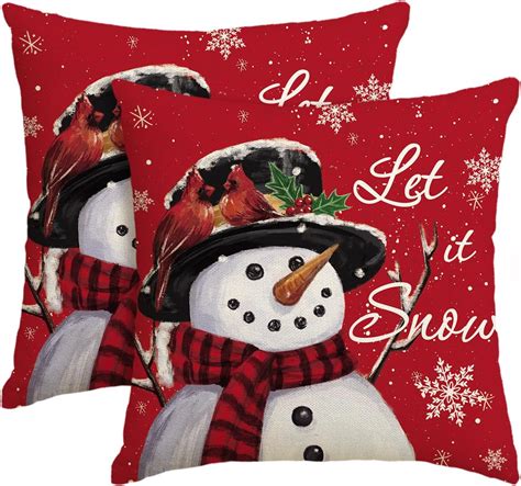 Let It Snow Snowman Christmas Red Throw Pillow Covers Set Of 2 18 X 18